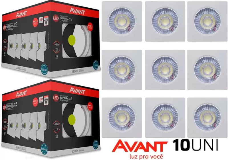 KIT com 10 Spots 5W Embutir Quadrado - Avant